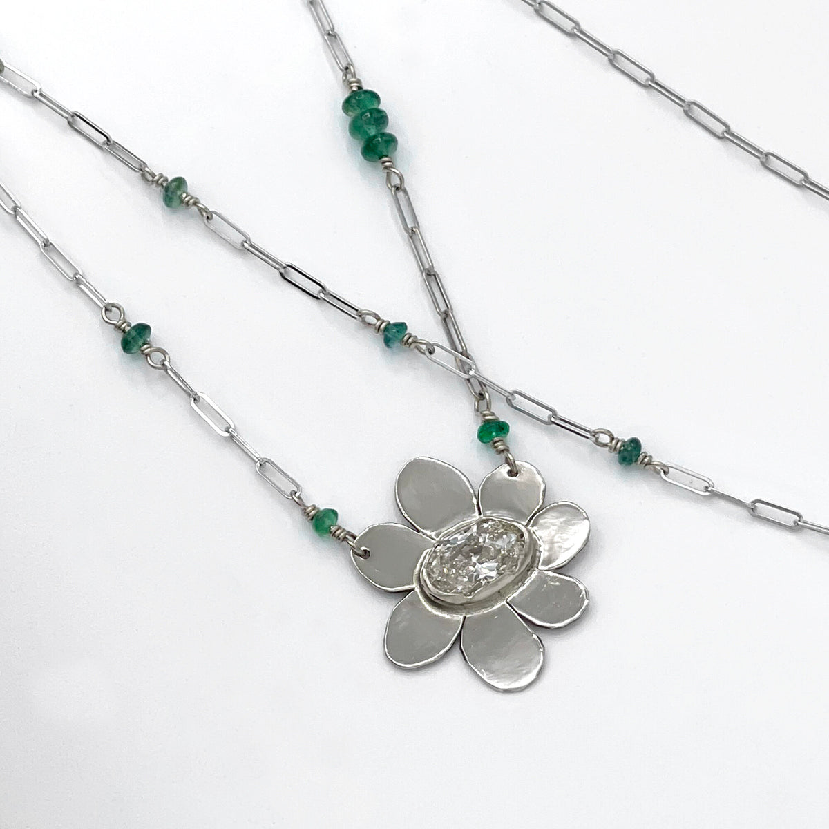 14K Diamond Flower Necklace, 1 ct GIA Diamond Solid White gold and Eme ...