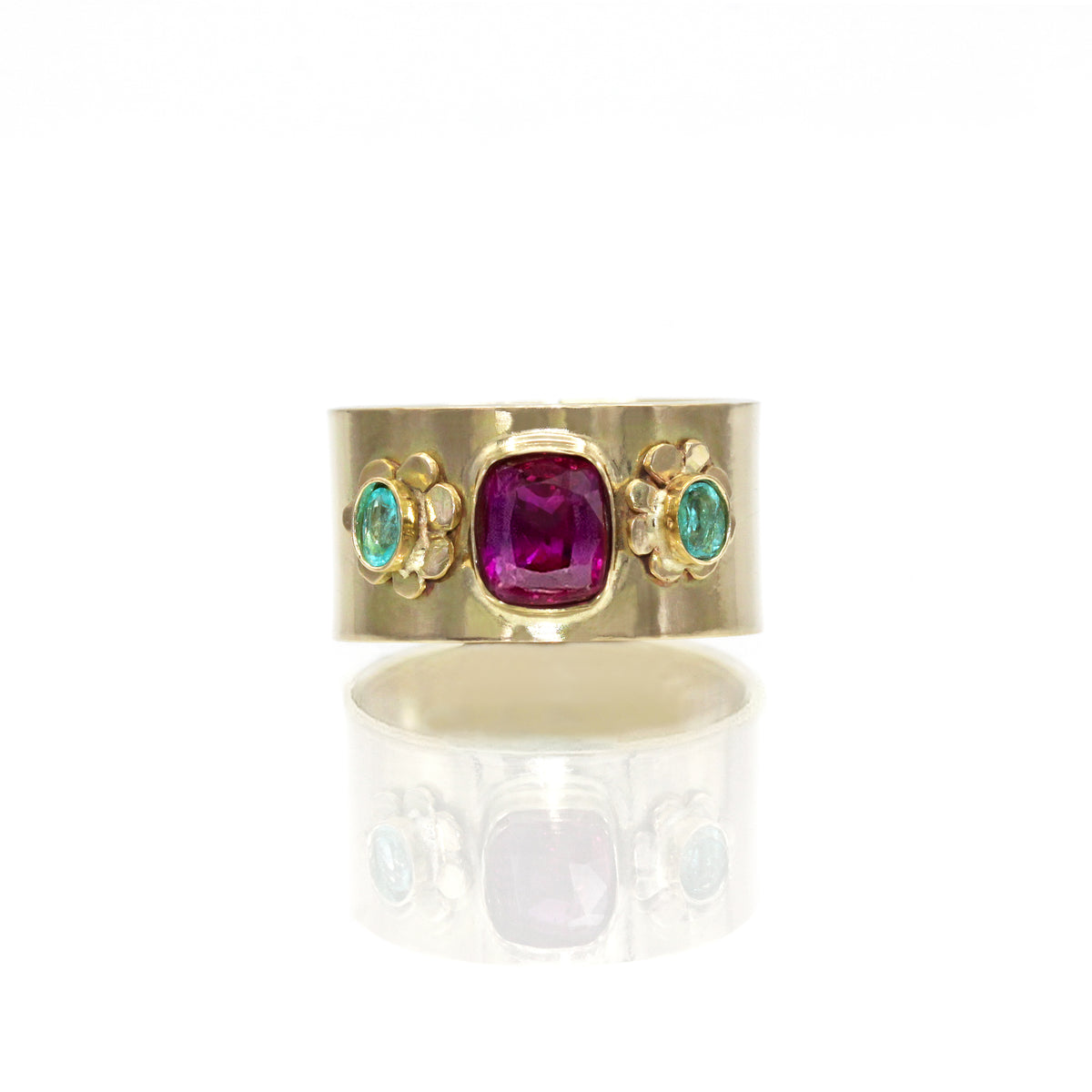 14K Ruby Ring, Ruby Paraiba Tourmaline Ring, One of a Kind Wide Ring ...